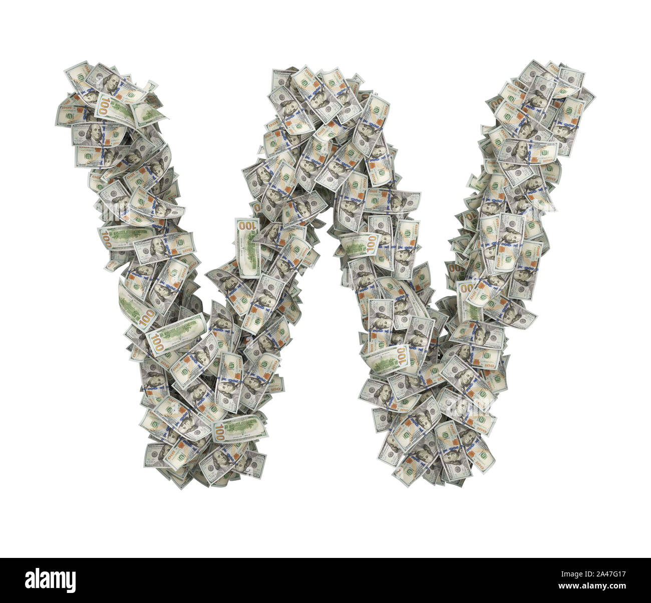 3d rendering of a large isolated letter W made of dollar banknotes on a ...