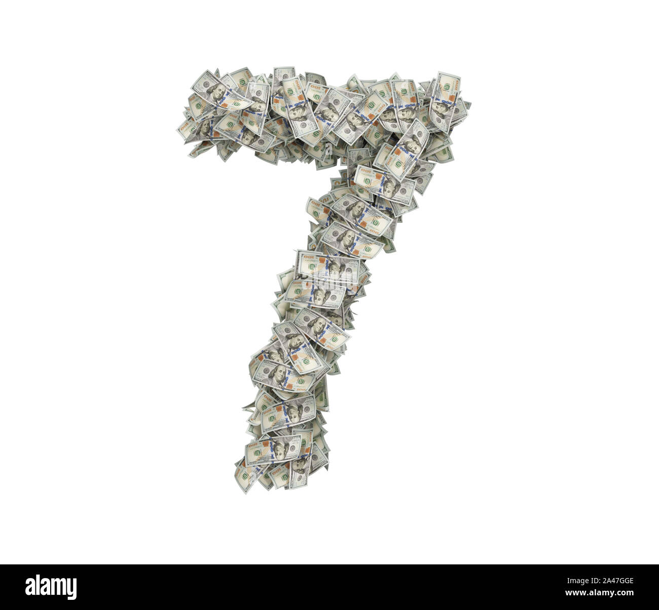 3d rendering of a large number 7 made of countless 100 dollar bills on ...