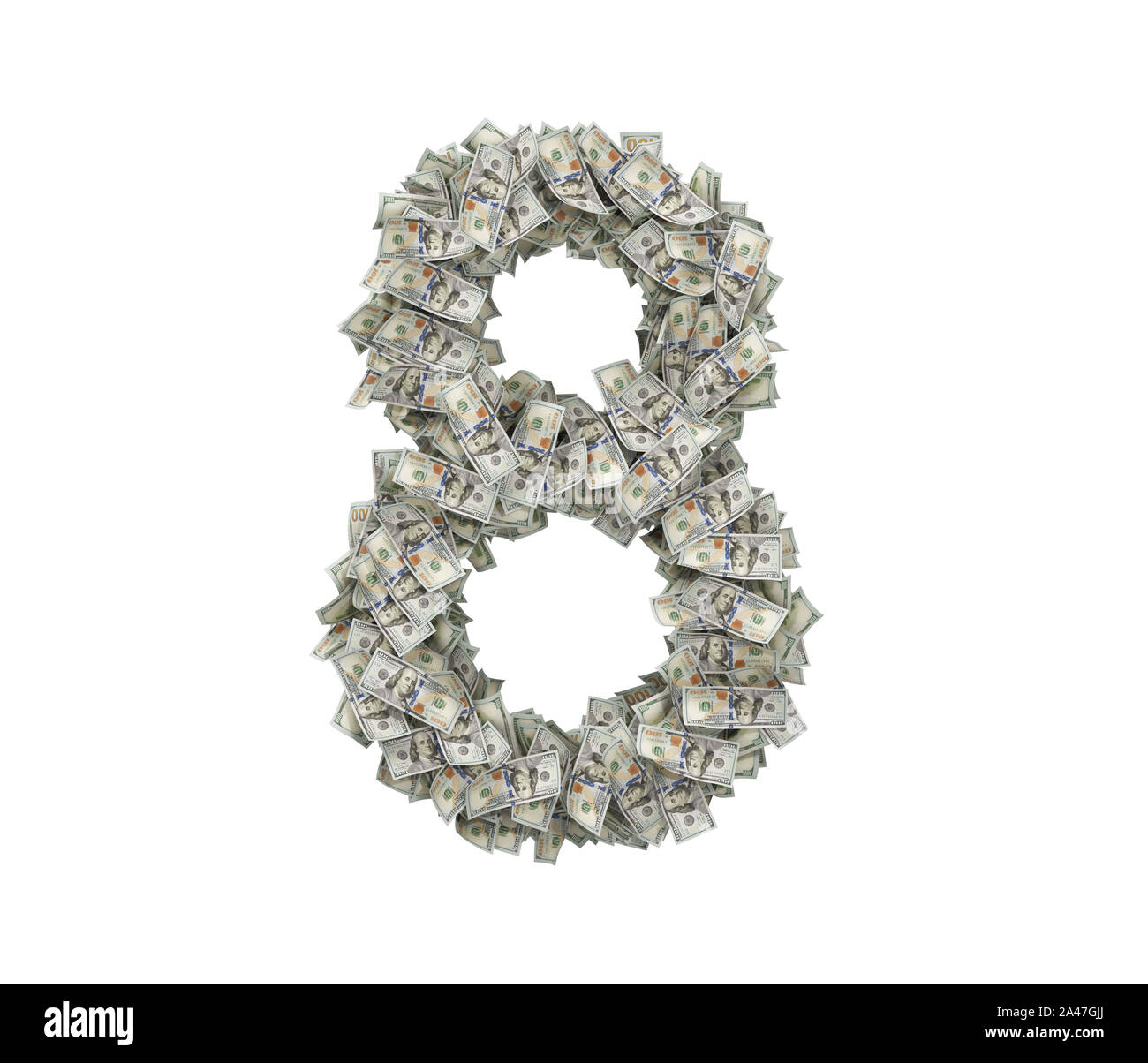 3d rendering of a large number 8 made of many USD hundred bills on a ...