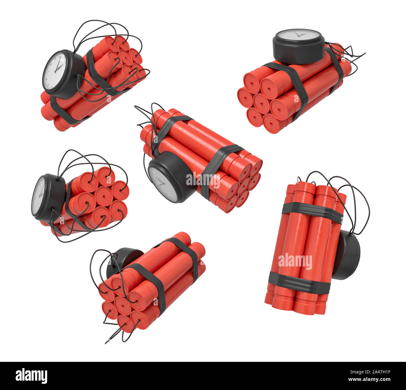 3d rendering of a set of bundles of dynamite sticks with clocks ...