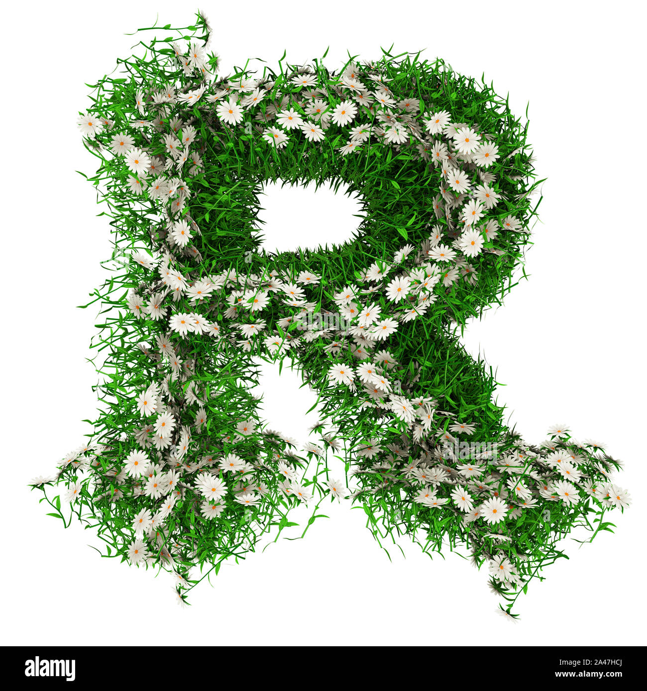 Letter R Of Green Grass And Flowers. Font For Your Design. 3D ...