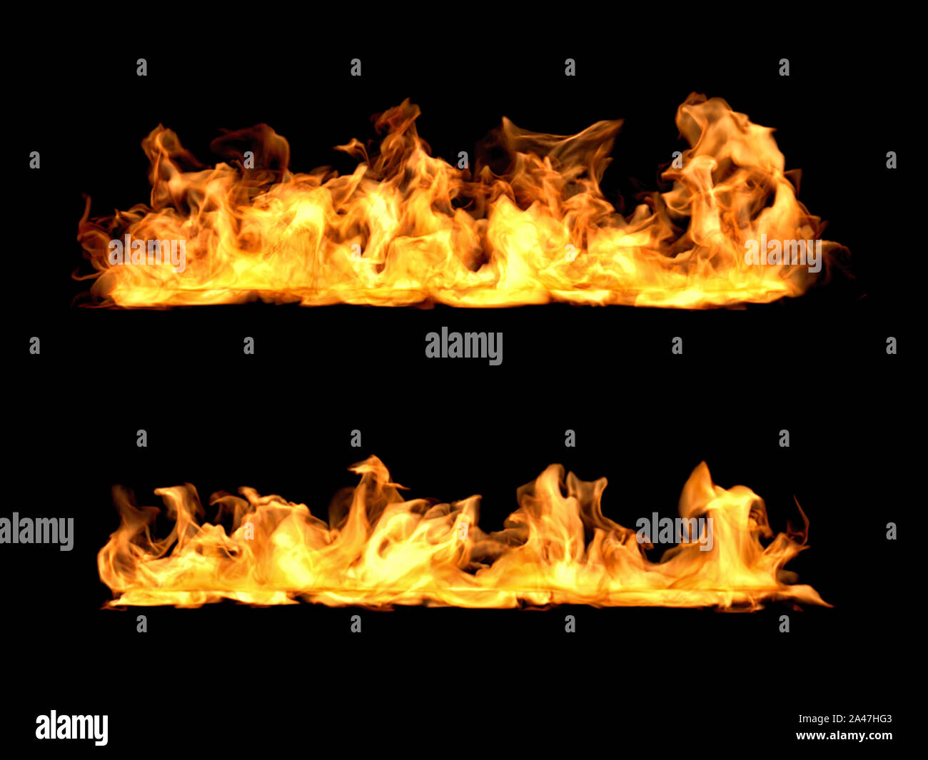 3d rendering of bright orange fire flames in two rows on black ...