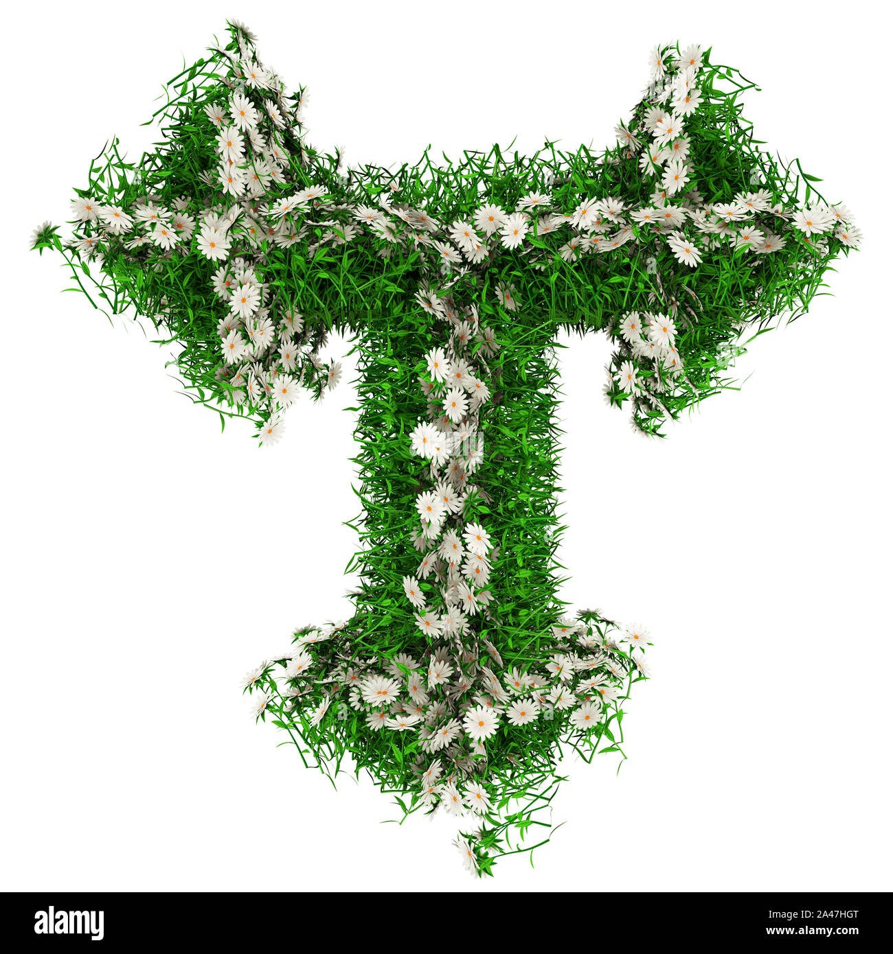 Letter T Of Green Grass And Flowers. Font For Your Design. 3D ...