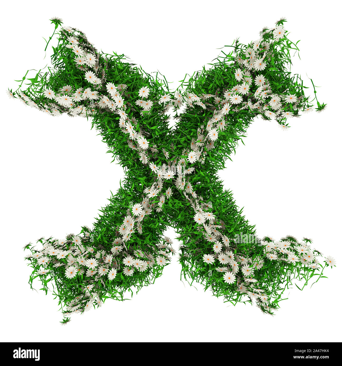 Letter X Of Green Grass And Flowers. Font For Your Design. 3D ...