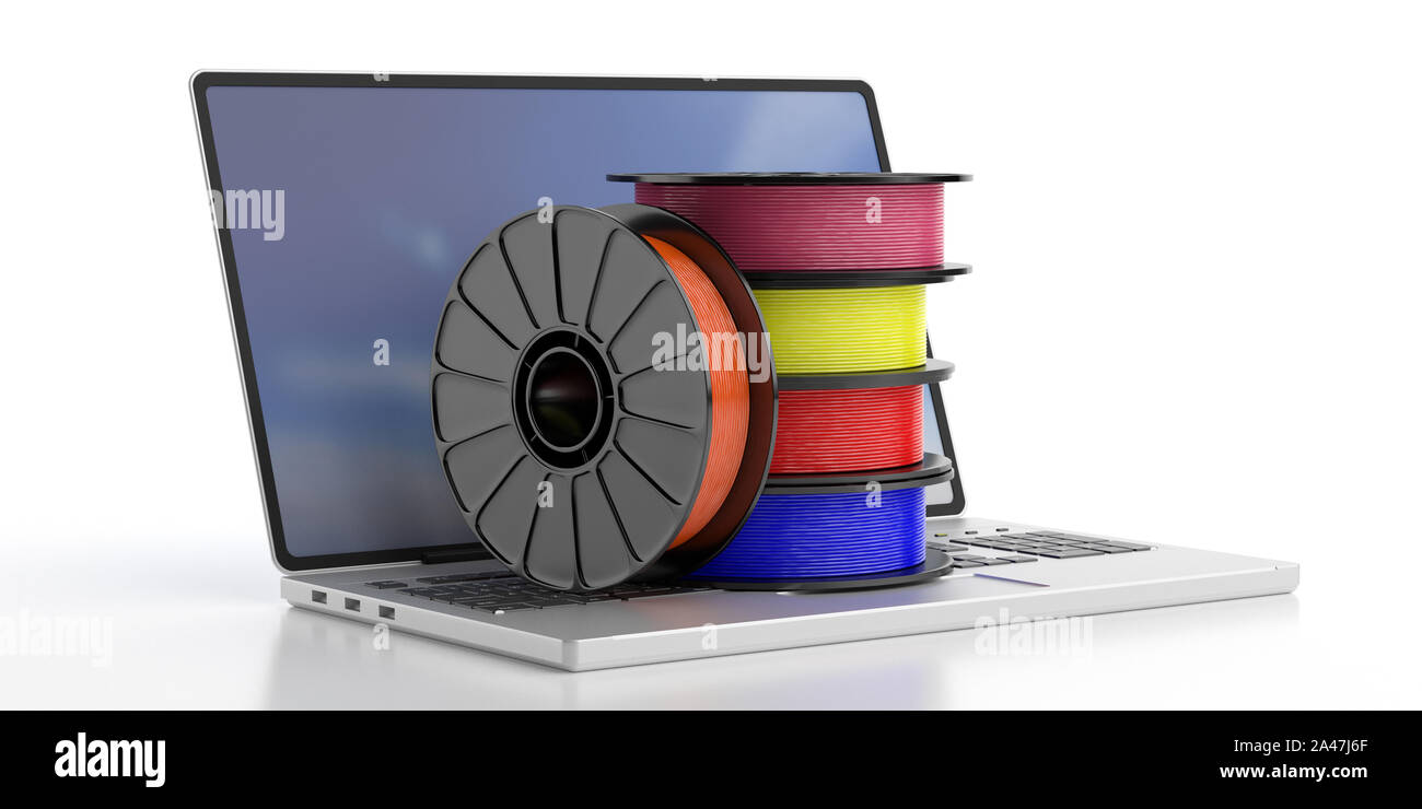3D printer computer software. Reels of colorful plastic filaments for ...