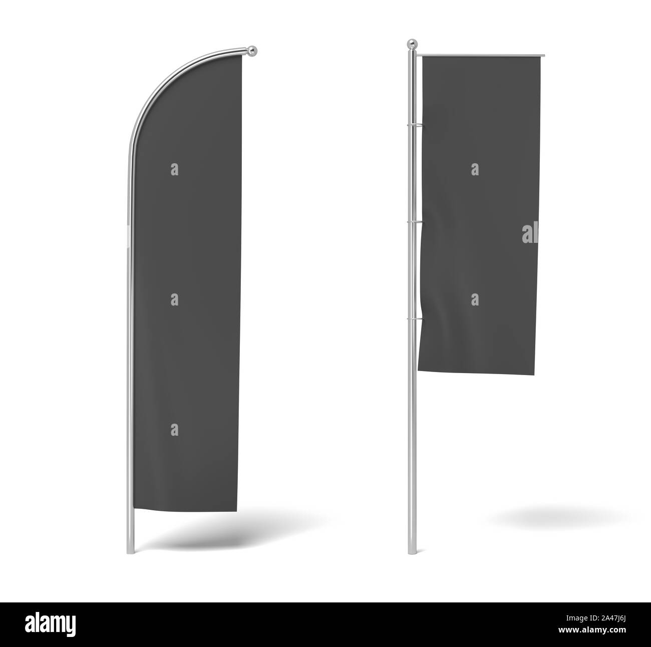 3d rendering of two monochrome black flags hanging on posts on a white ...