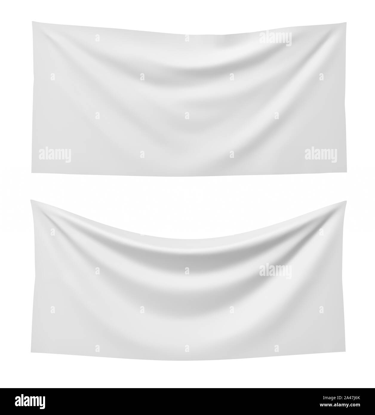 3d rendering of two white rectangle flags, one straight and another ...