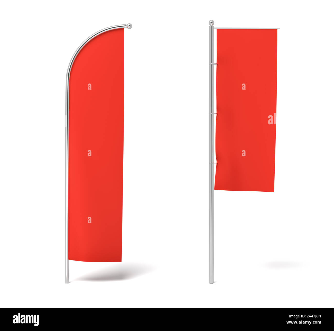 3d rendering of two monochrome red flags hanging on posts on a white ...