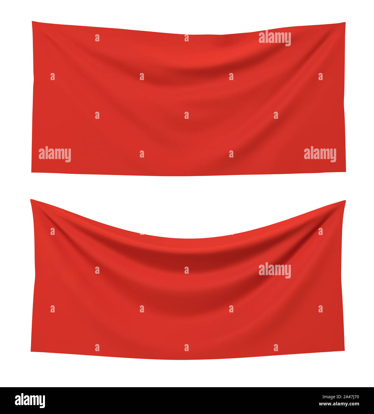 3d rendering of two red rectangle flags, one straight and another ...