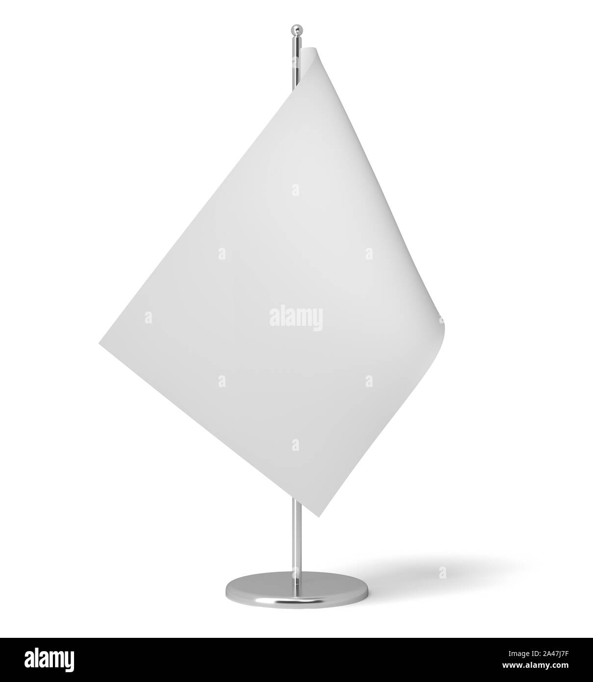 3d rendering of a small white rectangular flag on a table post standing ...