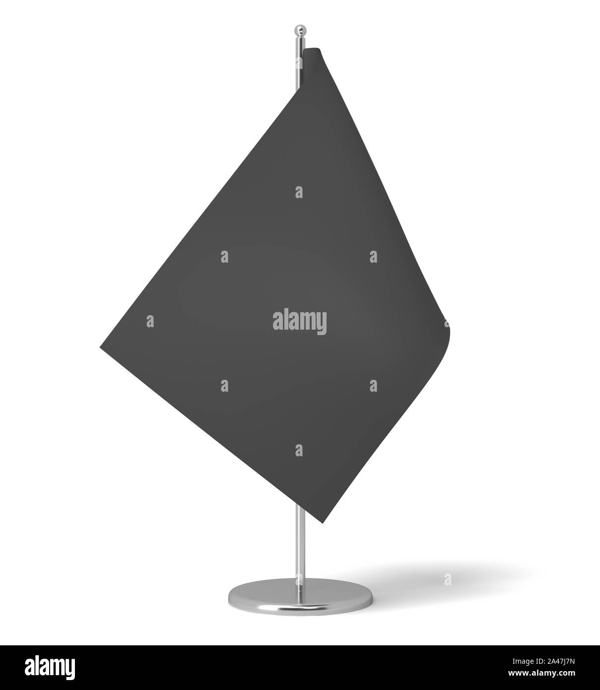 3d rendering of a small black rectangular flag on a table post standing ...