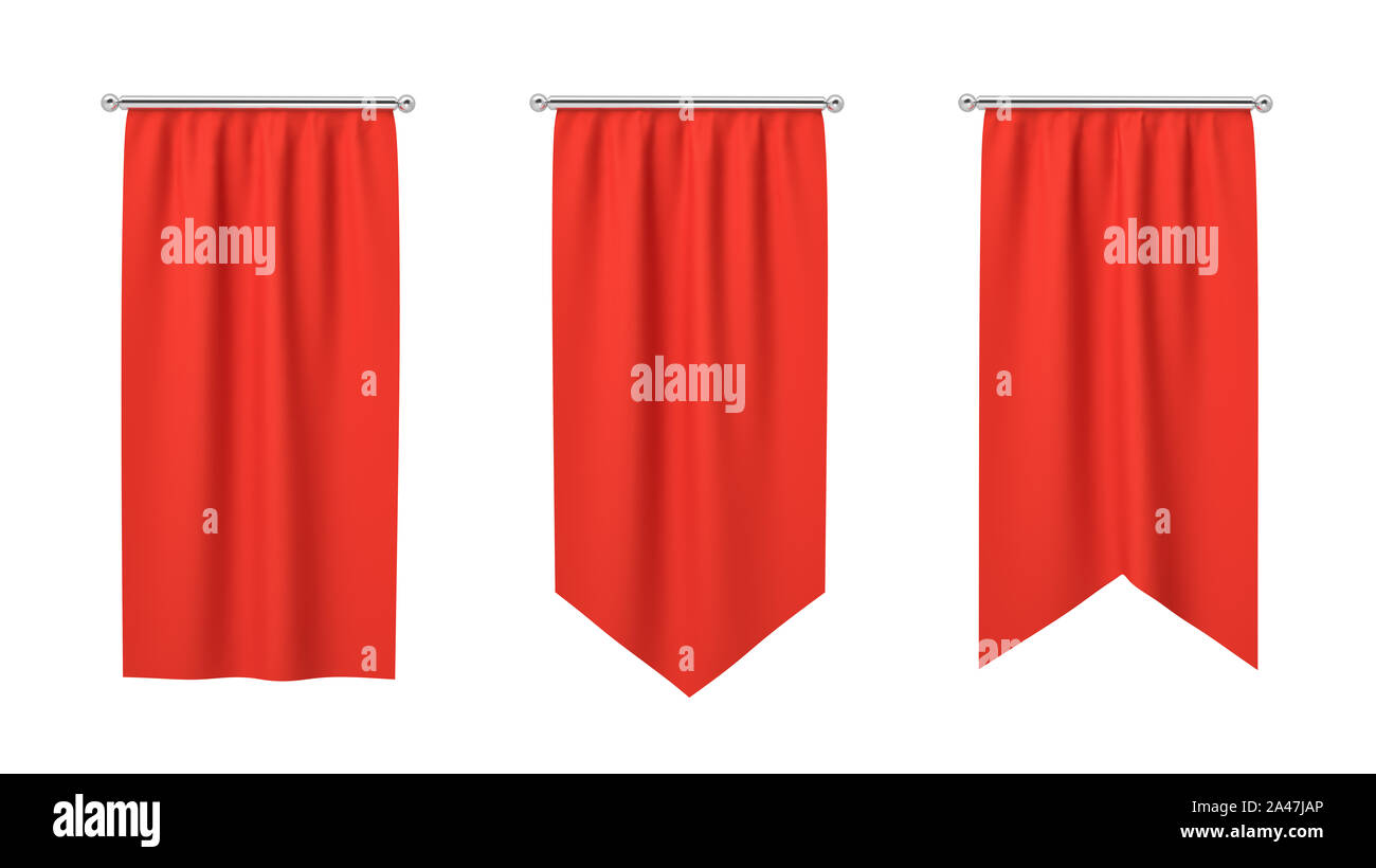 3d rendering of three rectangular red flags hanging vertically on a ...