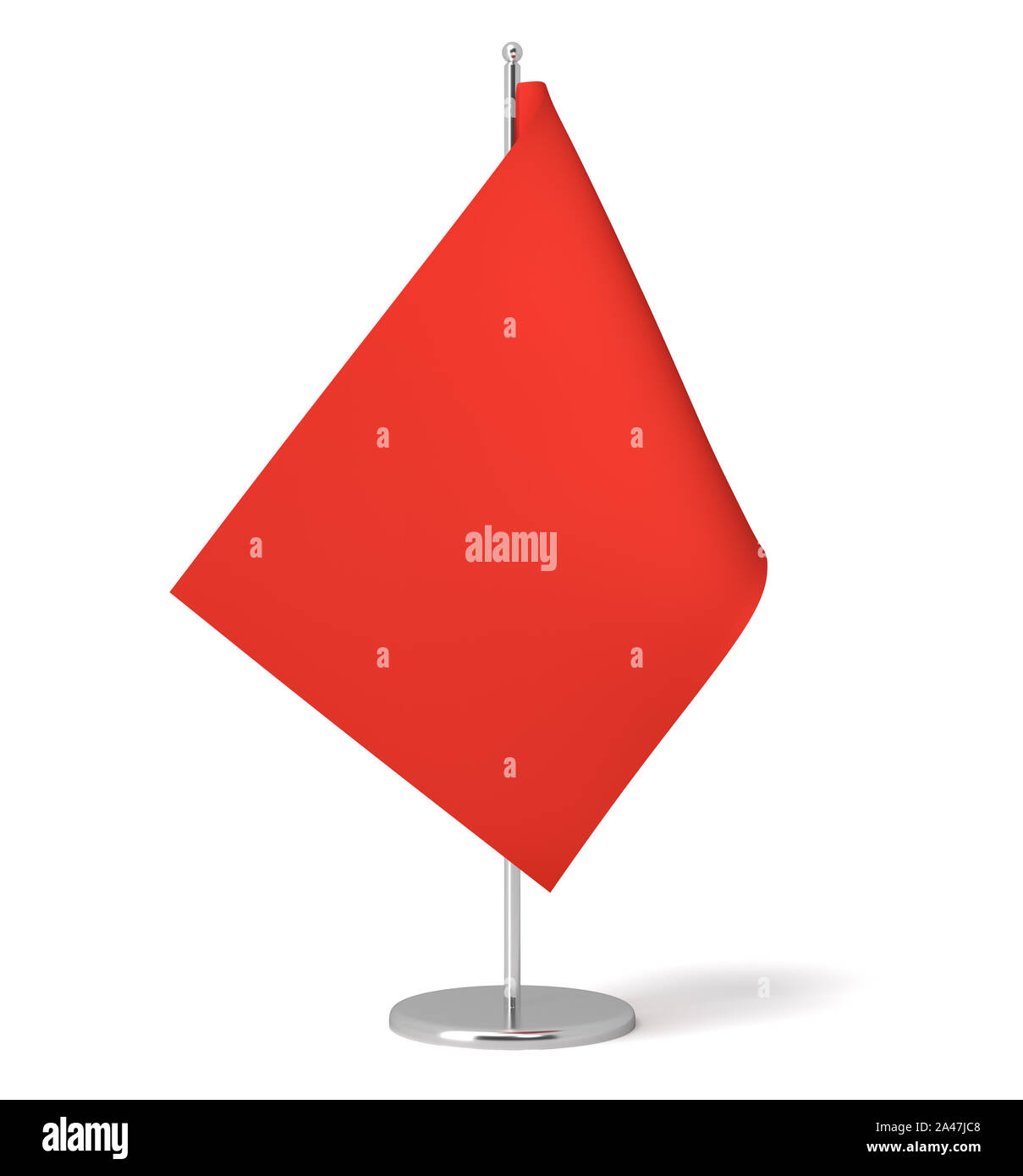 3d rendering of a small red rectangular flag on a table post standing ...