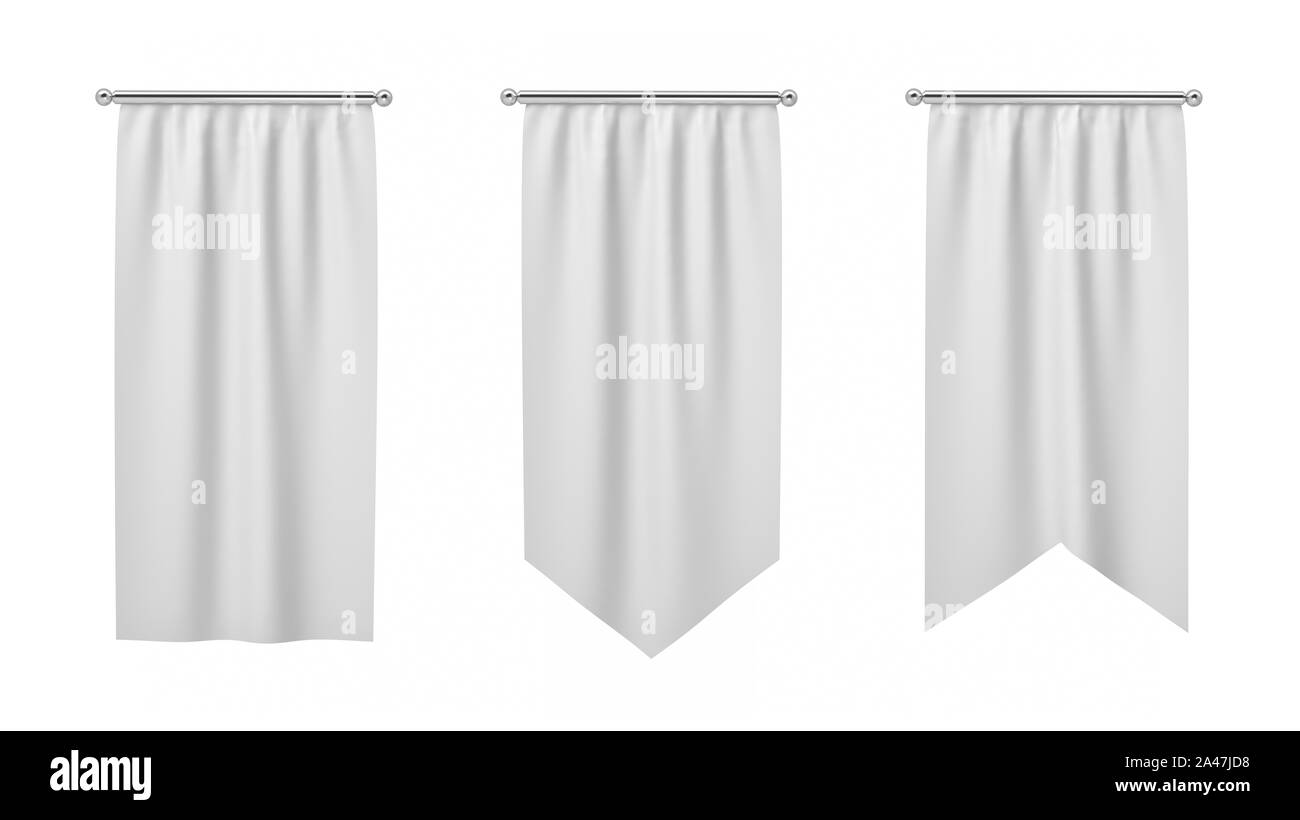 3d rendering of three rectangular white flags hanging vertically on a ...