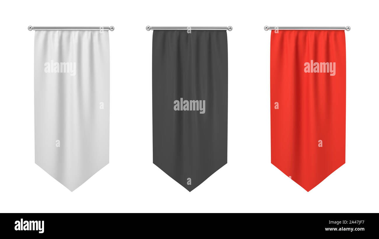 3d rendering of three rectangular black, white and red flags hanging ...