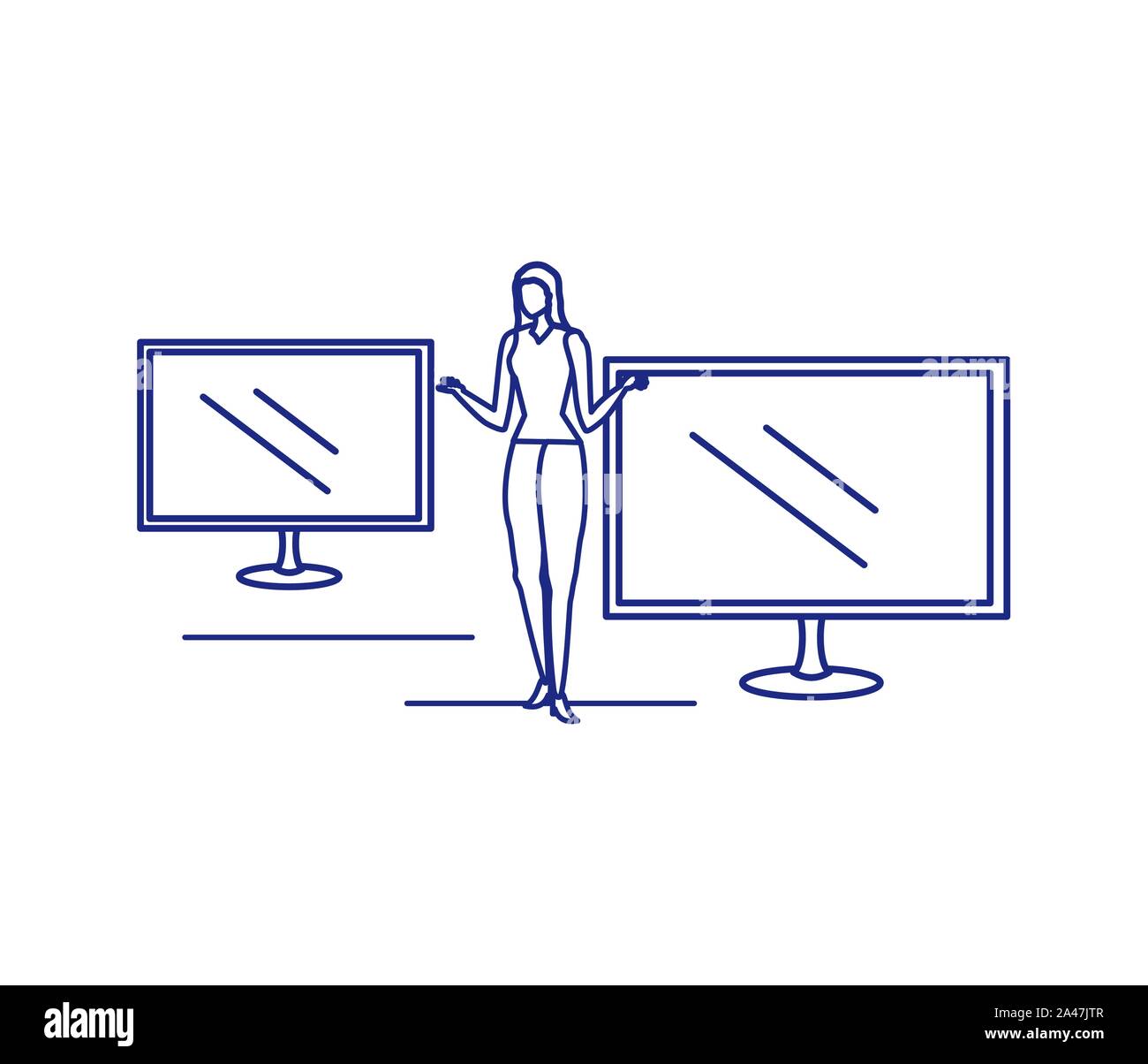 silhouette of woman with computer screen in white background vector ...