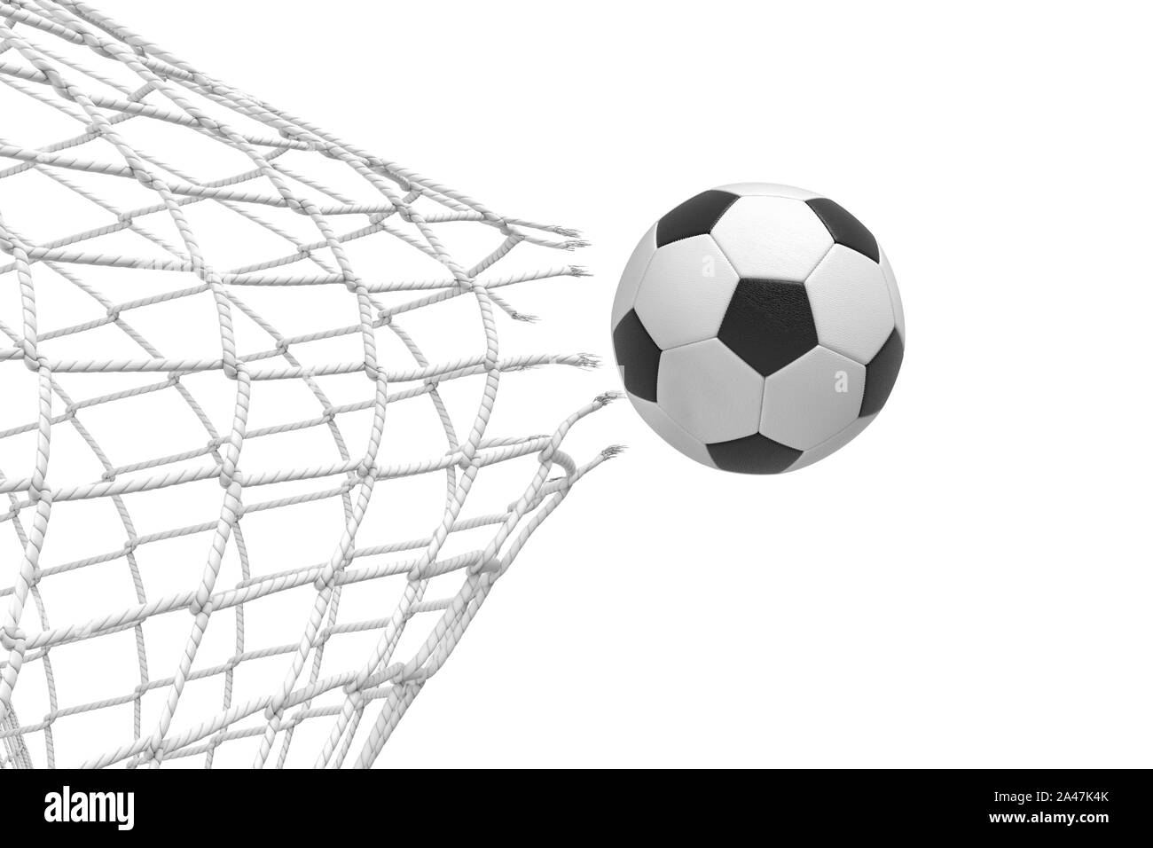 3d rendering of a football ball breaking a net with a force of its hit ...