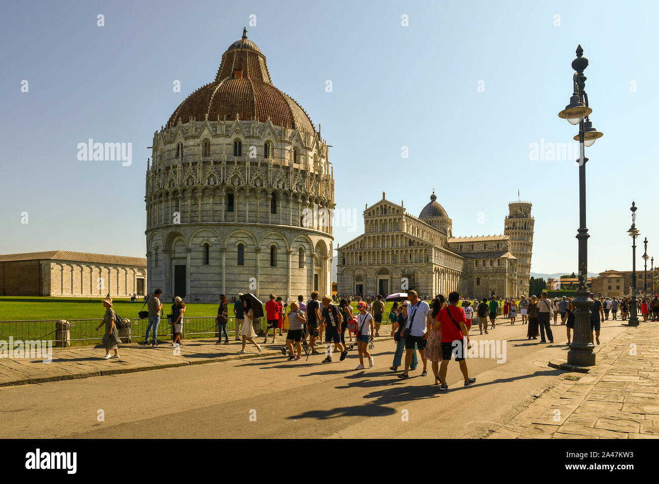 Scenic view of the famous Piazza dei Miracoli square in Pisa with the ...