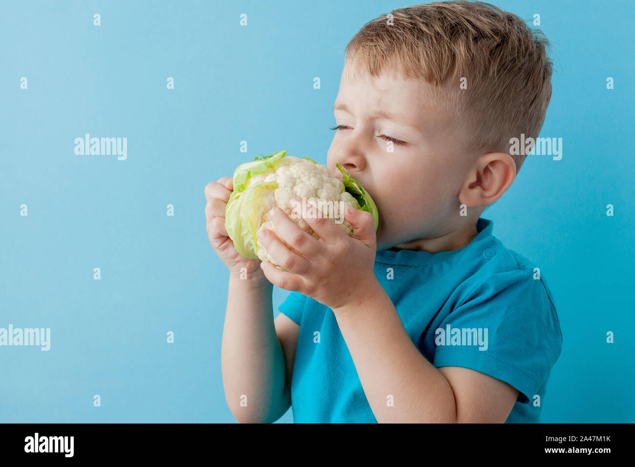 Little Boy Holding Broccoli in his hands on blue background, diet and ...