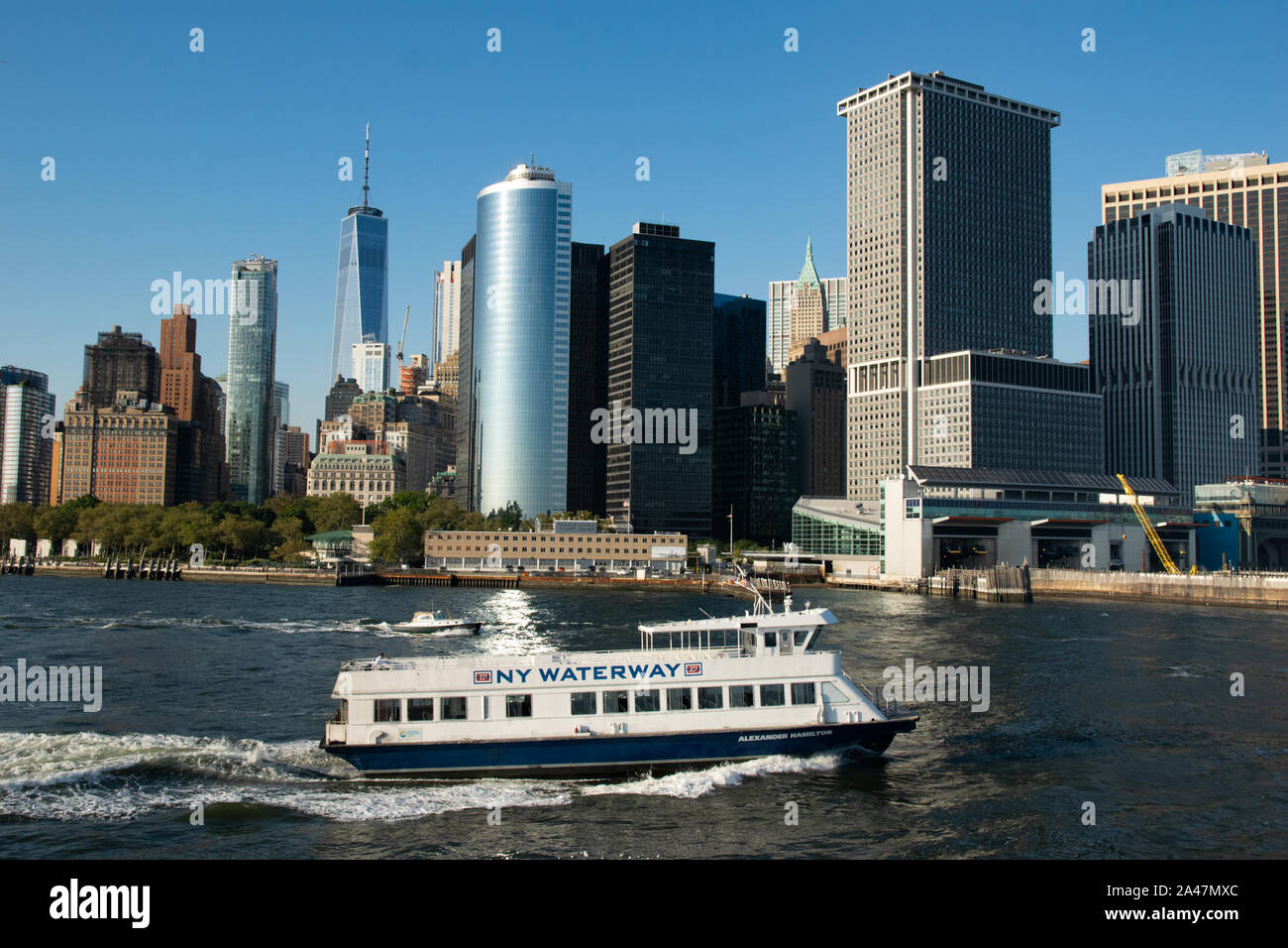 Famous view from the Staten Island Ferry towards the skyline of Lower ...