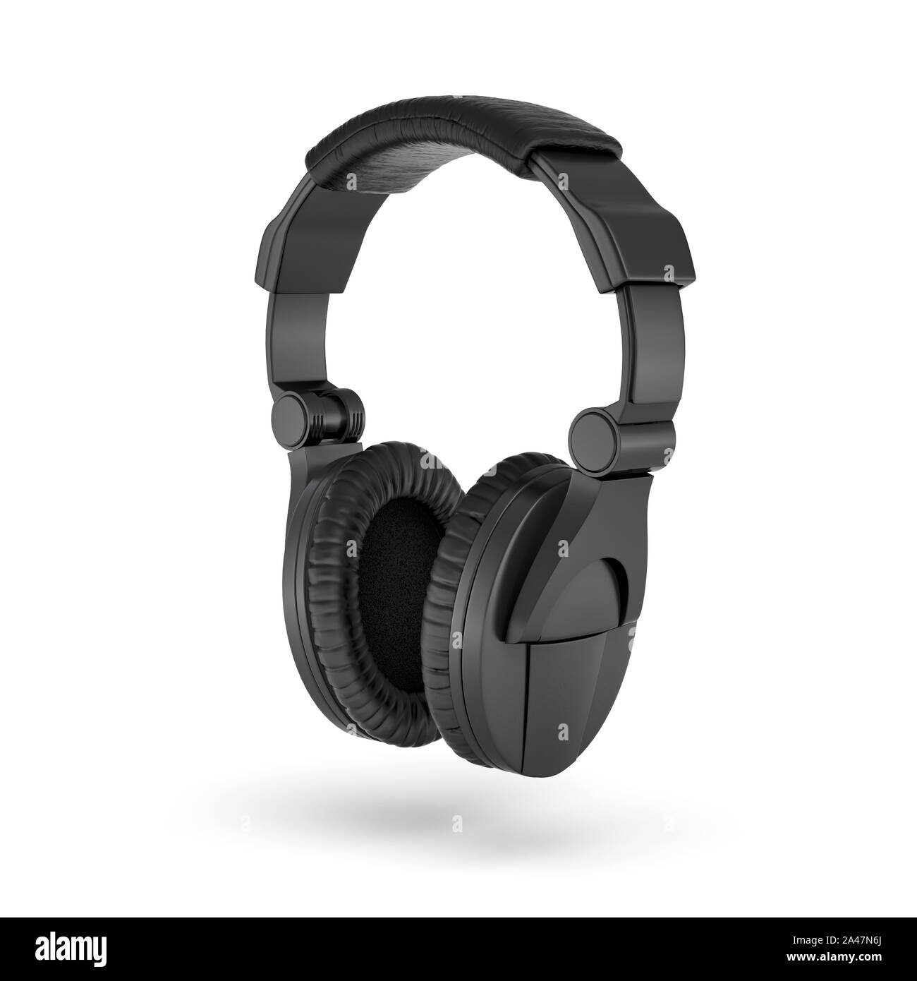 3d rendering of black padded headphones with a headband hanging on ...