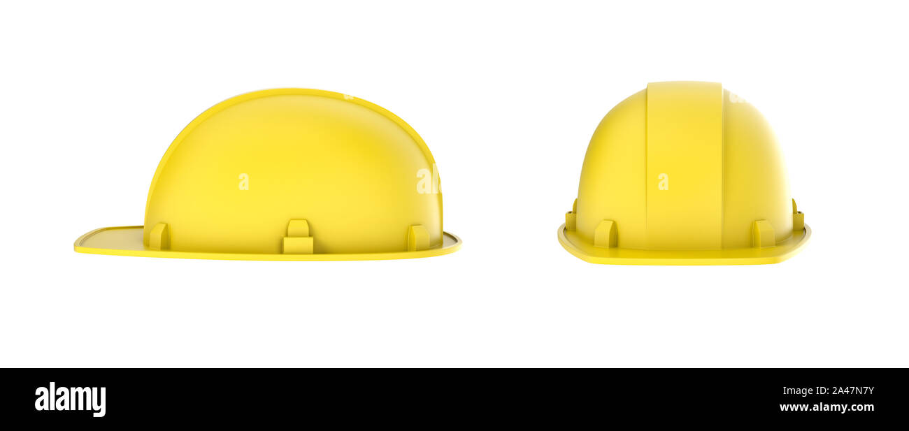 3d rendering of two yellow construction helmets, side view and front ...