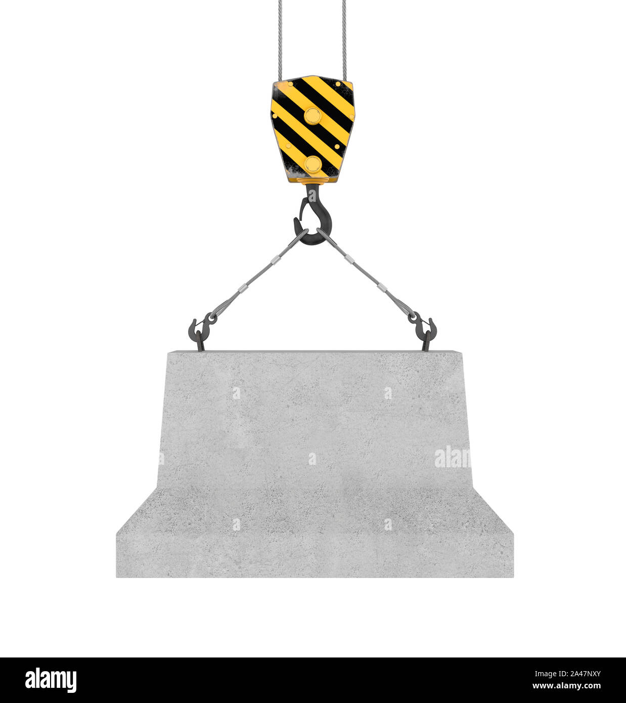 3d rendering of concrete block hanging on a hook with two ropes ...