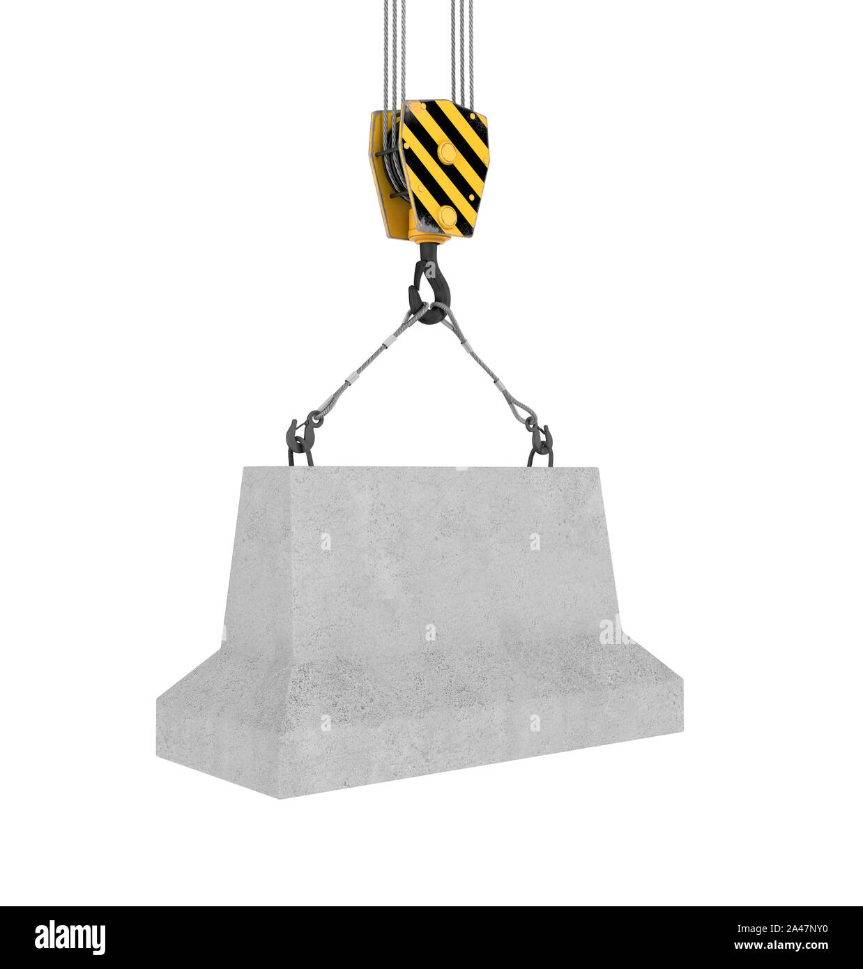 3d rendering of concrete block hanging on a hook with two ropes ...