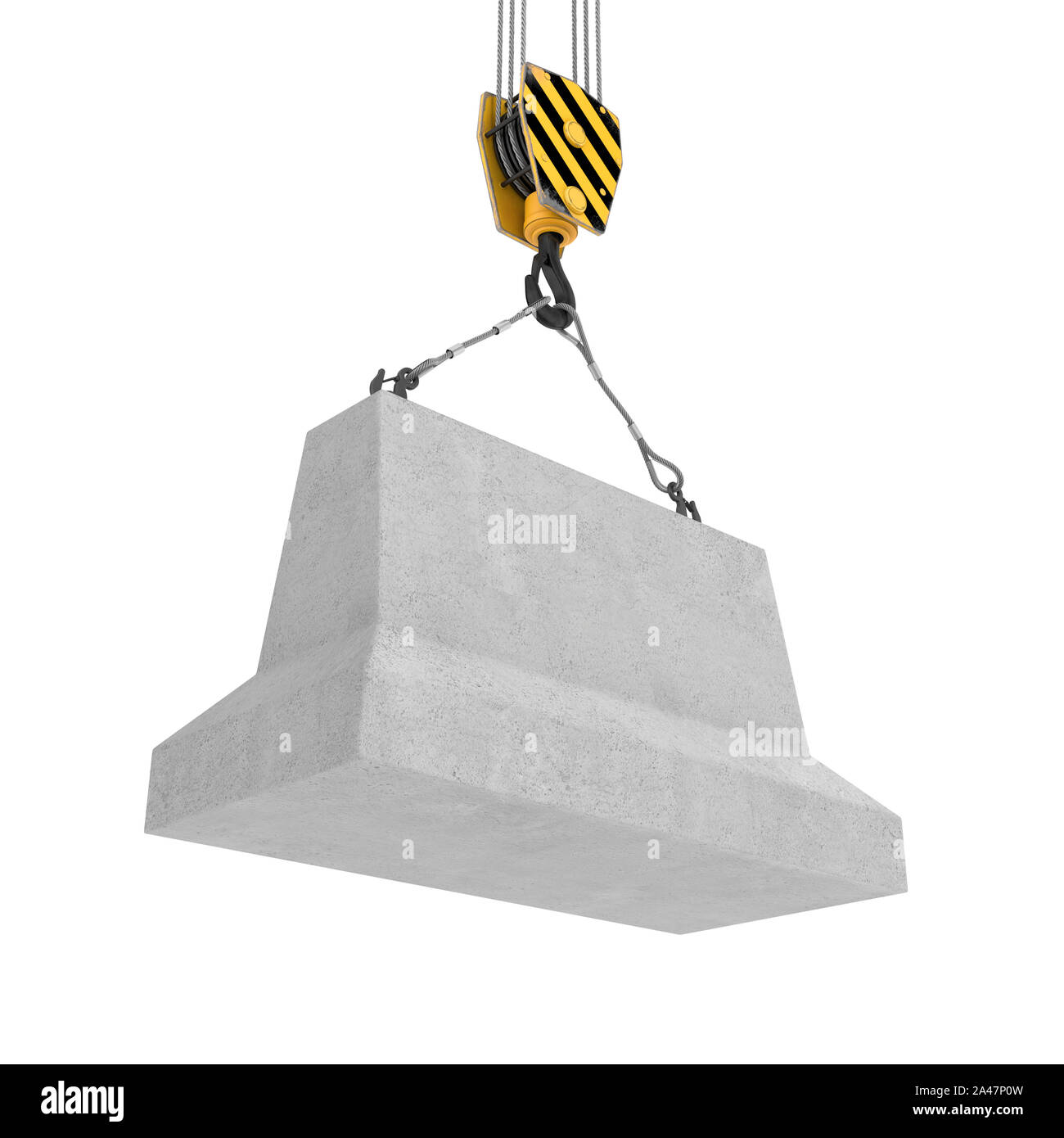 3d rendering of concrete block hanging on a hook with two ropes ...