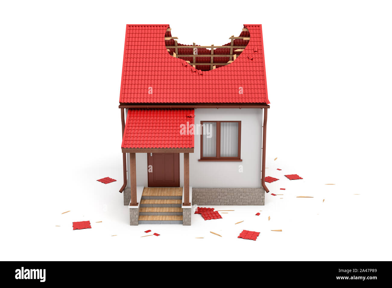 3d rendering of a private white house with damaged red roof isolated on ...