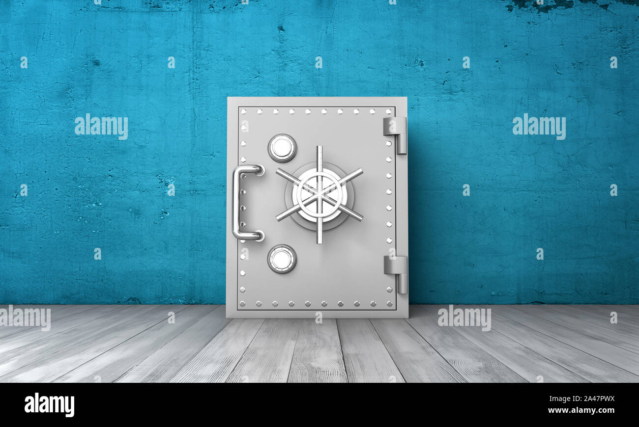 3d rendering of a closed safe box on a background of a blue wall and a ...