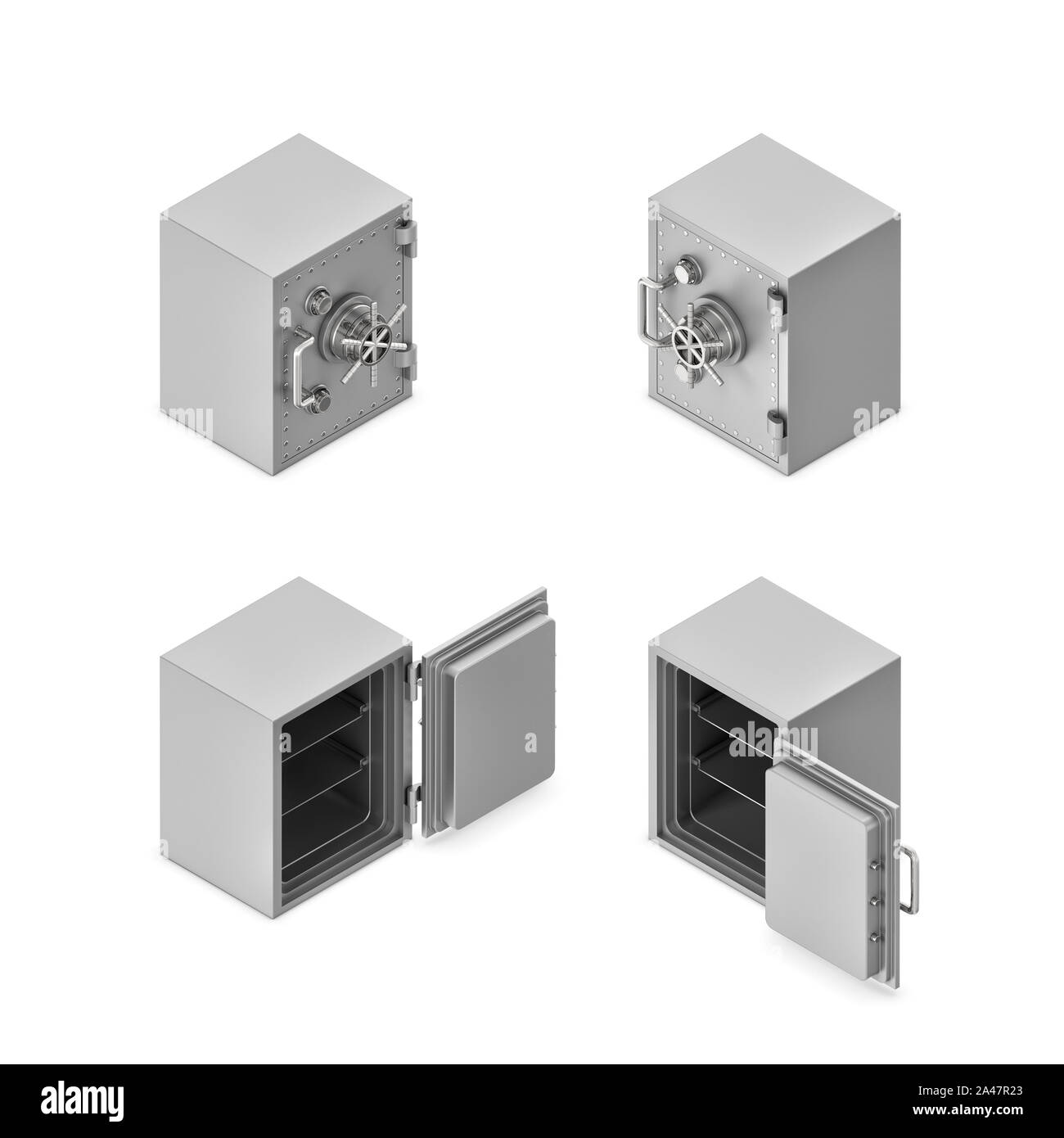 3d rendering of a metal safe box in open and closed state in double ...