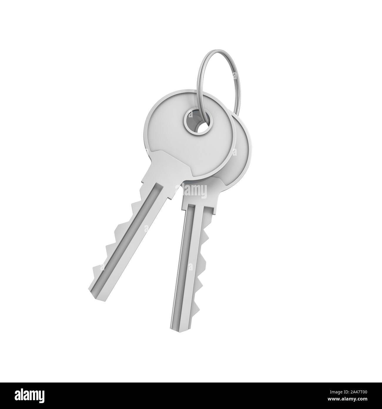 3d rendering of two isolated silver keys on a key ring. Safety and ...
