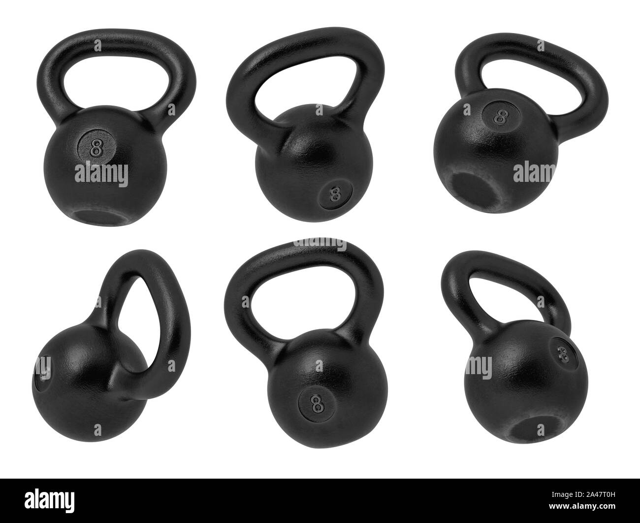 3d rendering of 8 kg several black iron kettlebells hanging at ...