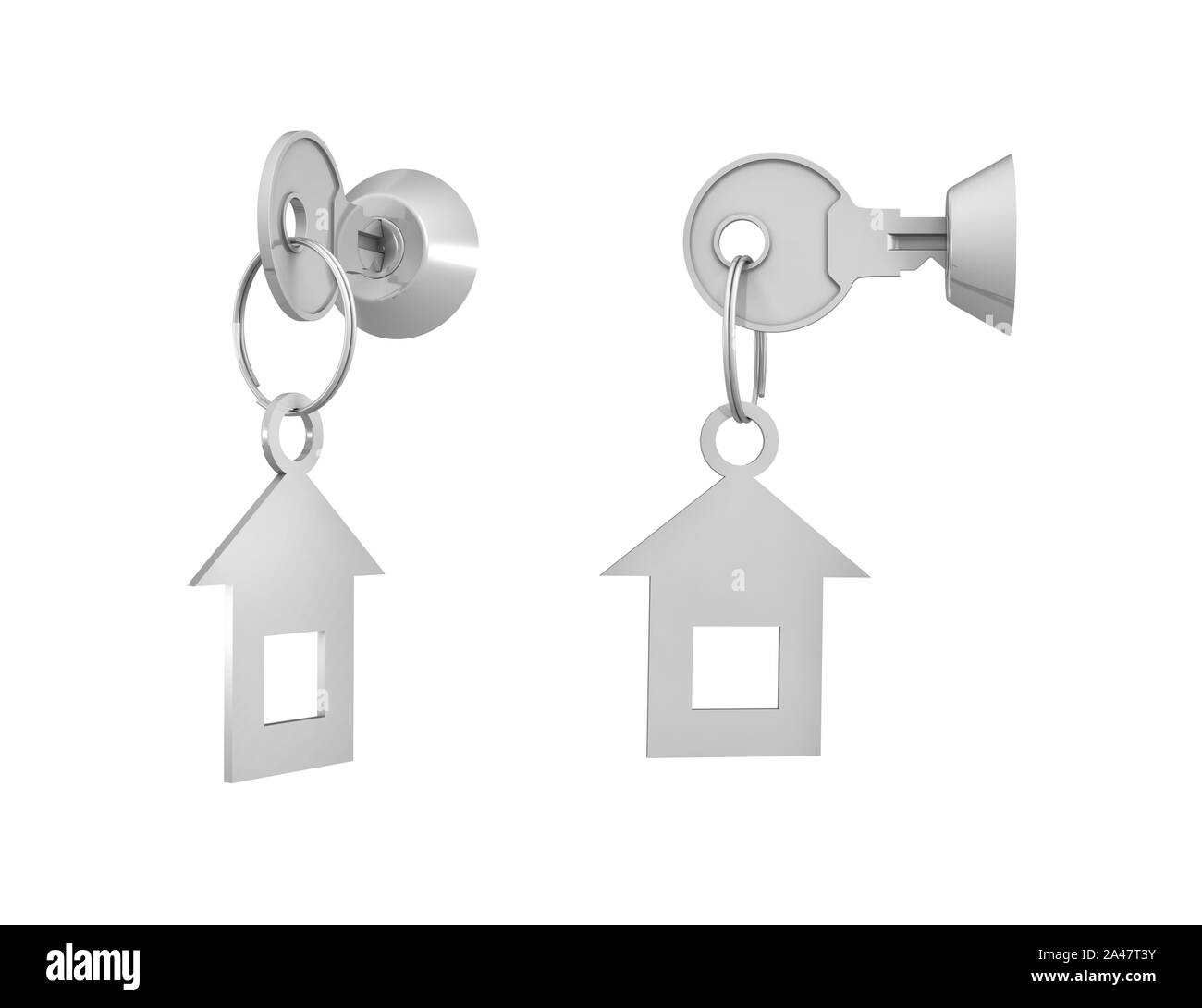 3d rendering of 2 keys with attached labels inside their locks on white ...