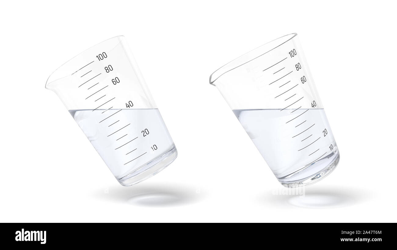 3d rendering of two measuring cups one half filled with transparent ...