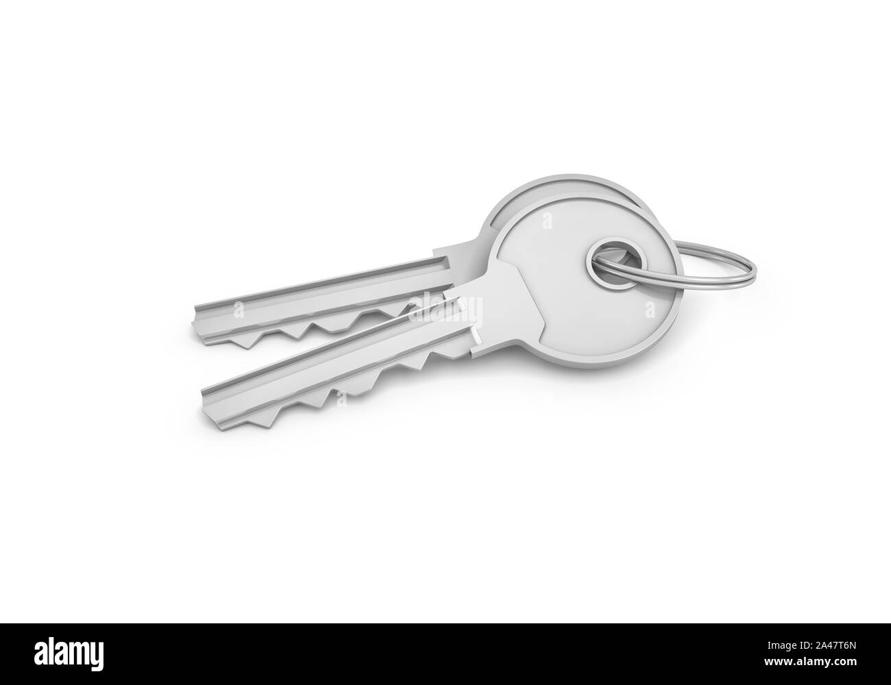 3d rendering of two isolated silver keys on a key ring. Safety and ...