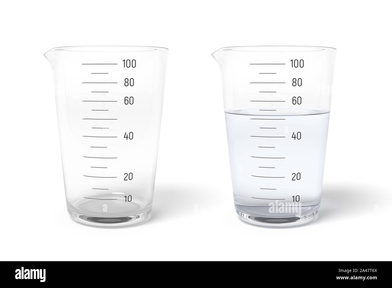 3d rendering of two measuring cups one half filled with transparent ...