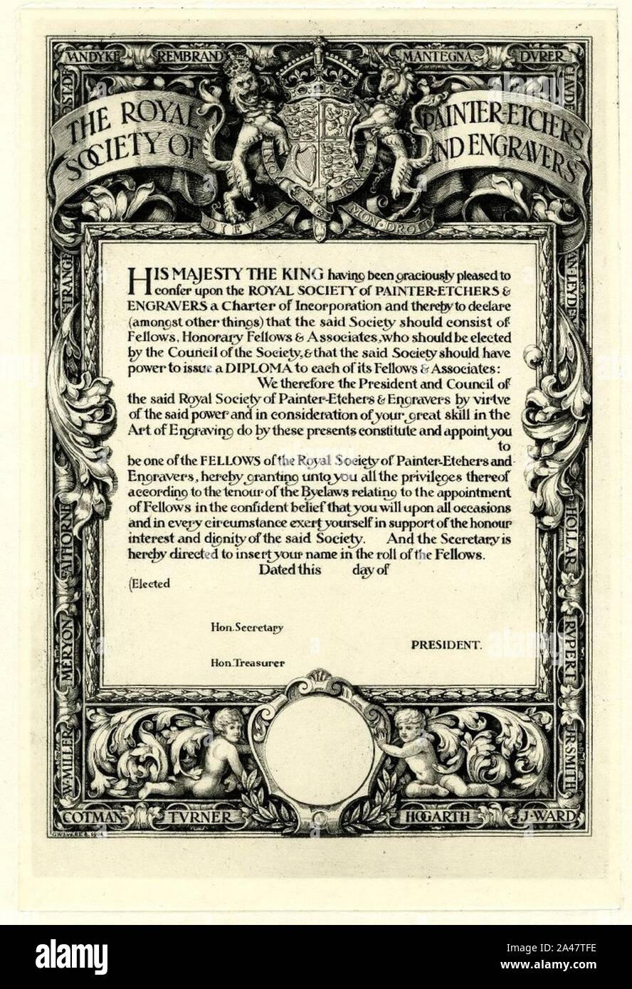 Fellows diploma, Royal Society of Painter-Etchers and Engravers Stock ...