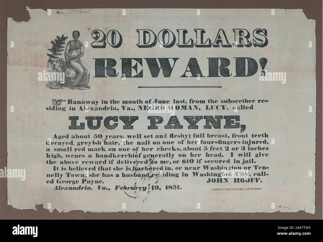 Female Runaway Slave, Illustrated Reward Broadside, Alexandria ...