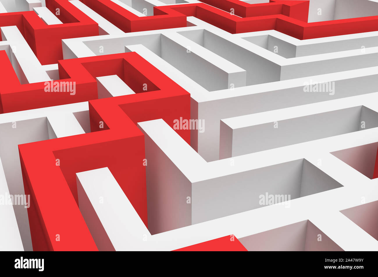 3d rendering of a white square maze in close up view with a red arrowed ...
