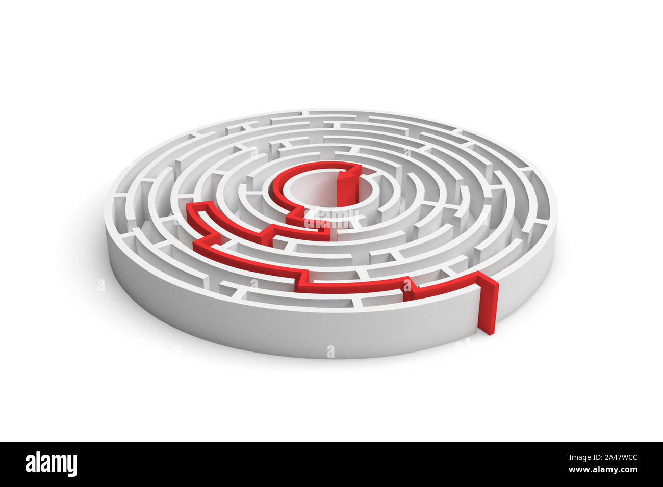 3d rendering of a white round maze with a red arrowed line showing the ...