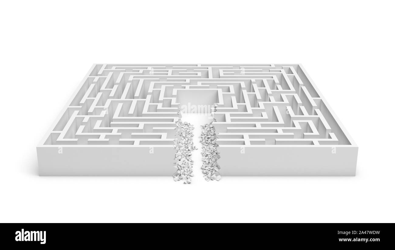 3d rendering of a white square maze with a direct route cut right to ...