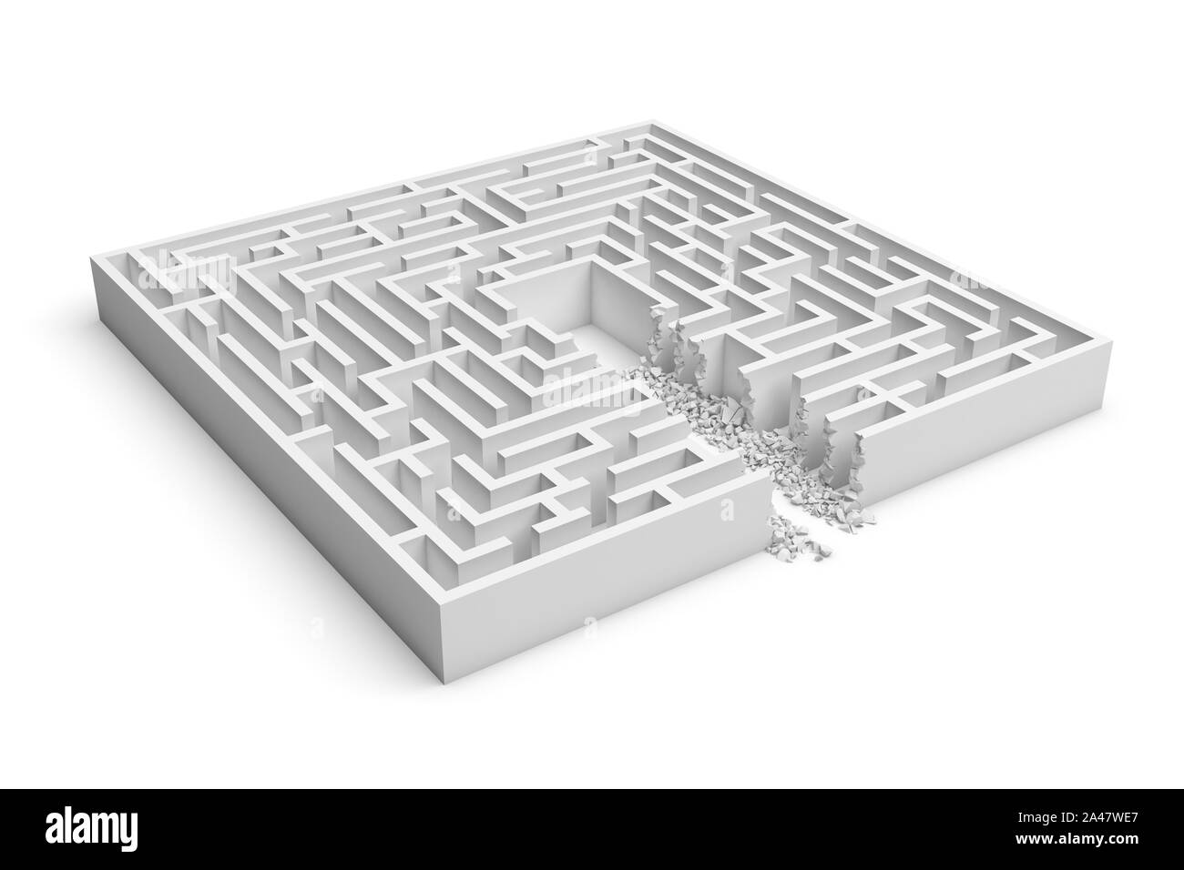 3d rendering of a white square maze with a direct route cut right to ...