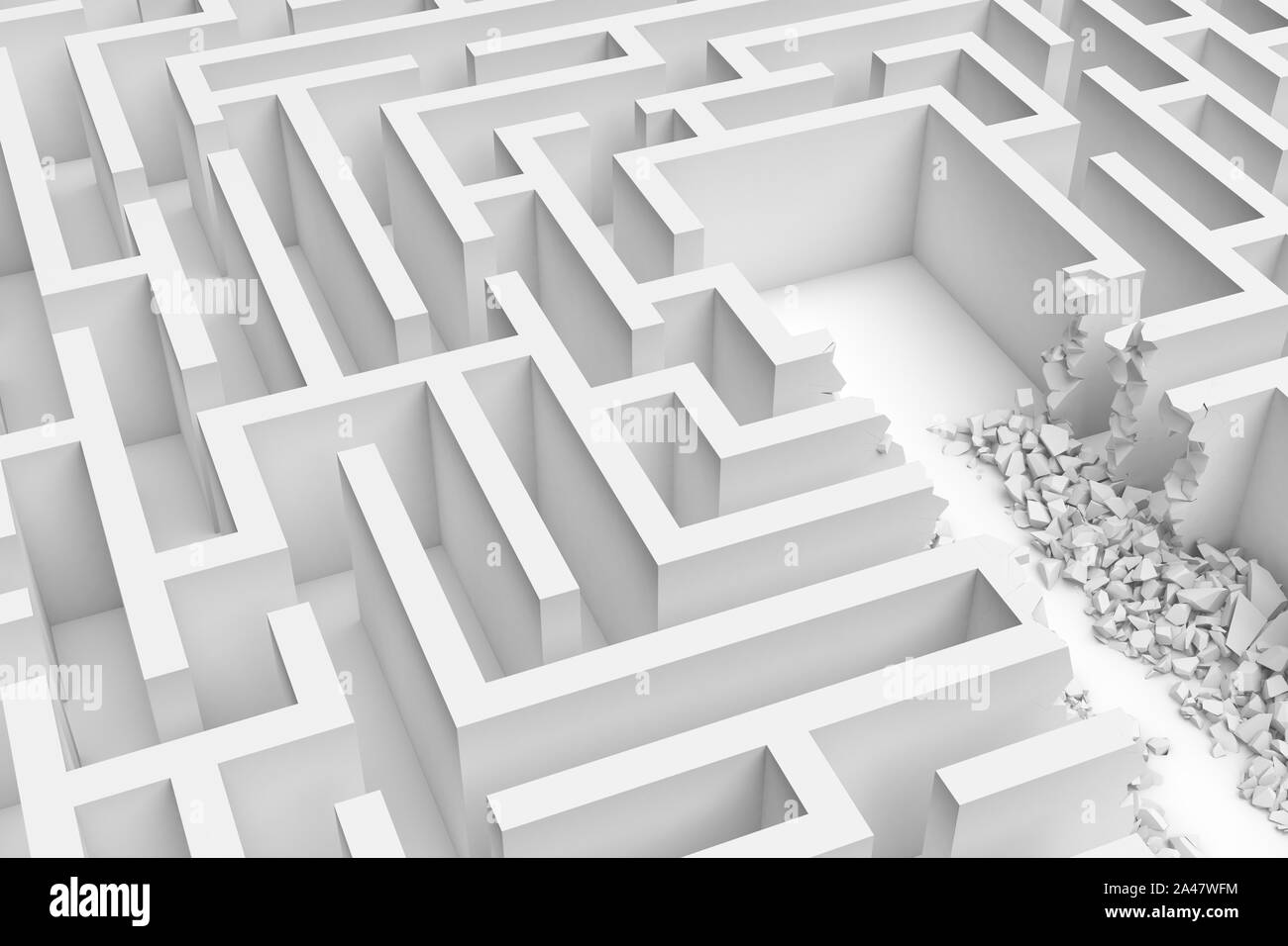 3d rendering of a white square maze with a direct route cut right to ...