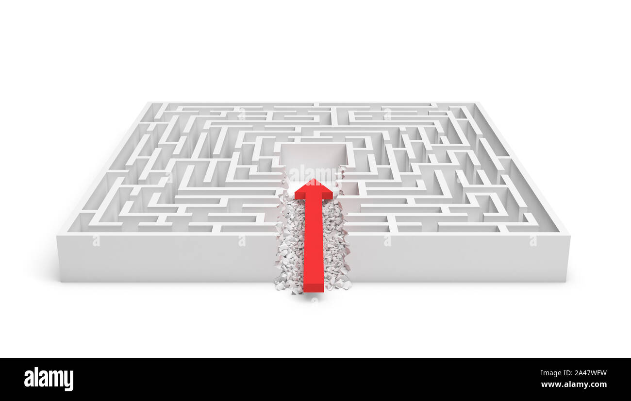 3d rendering of a square maze with a red arrow borrowing to the center ...