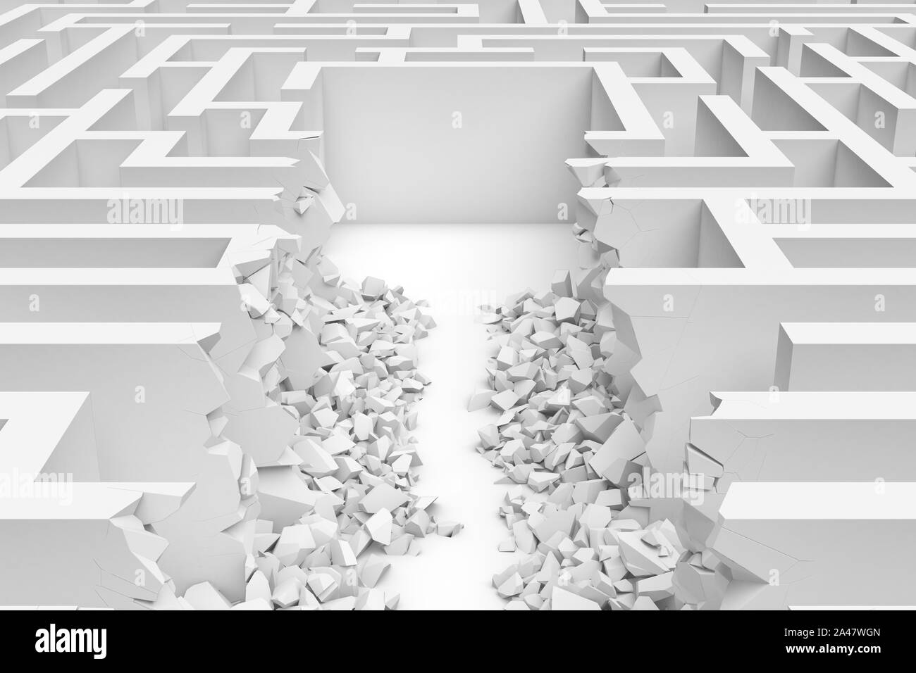 3d rendering of a white square maze with a direct route cut right to ...