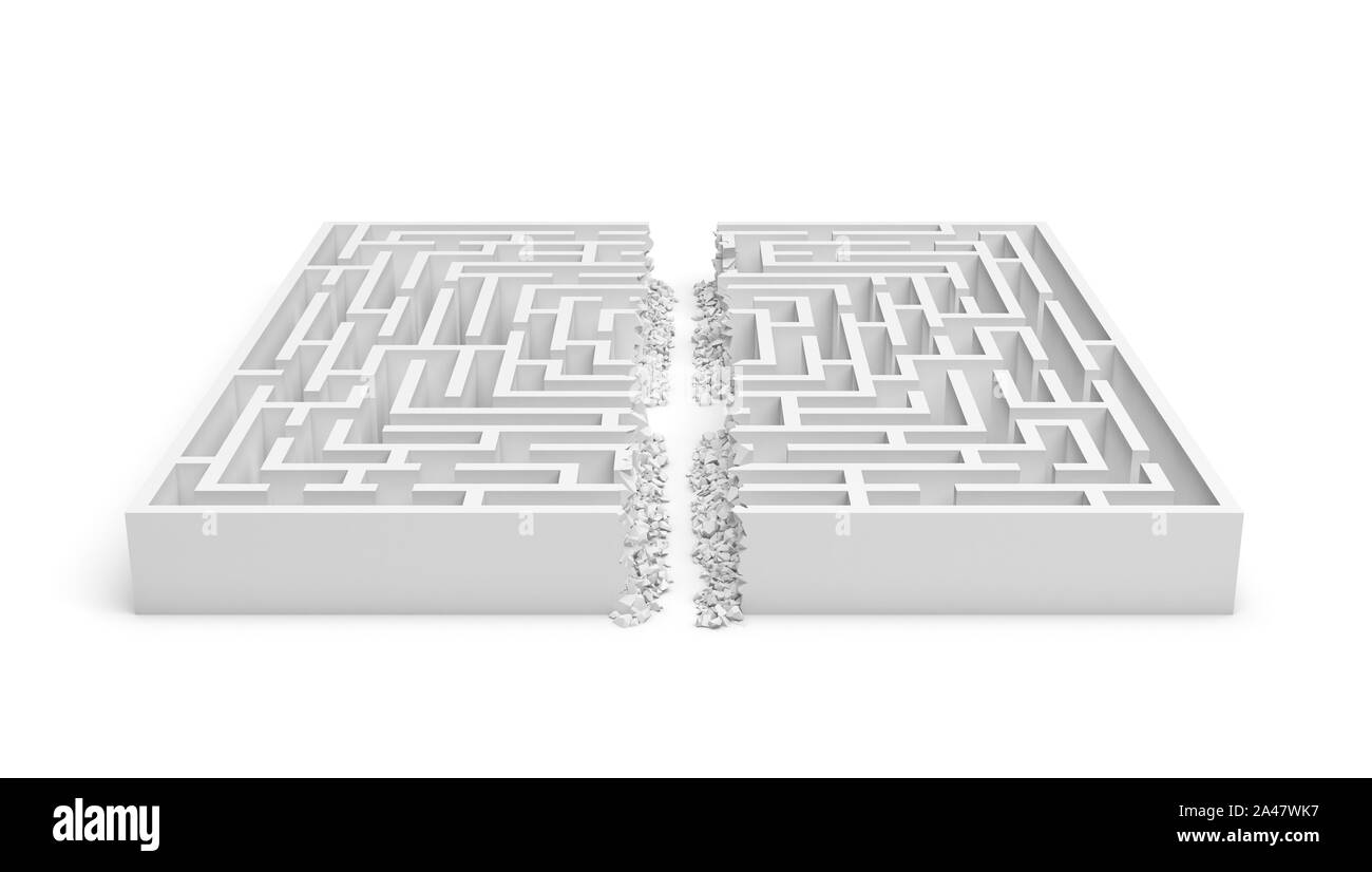 3d rendering of a white maze in front bottom view cut in straight line ...