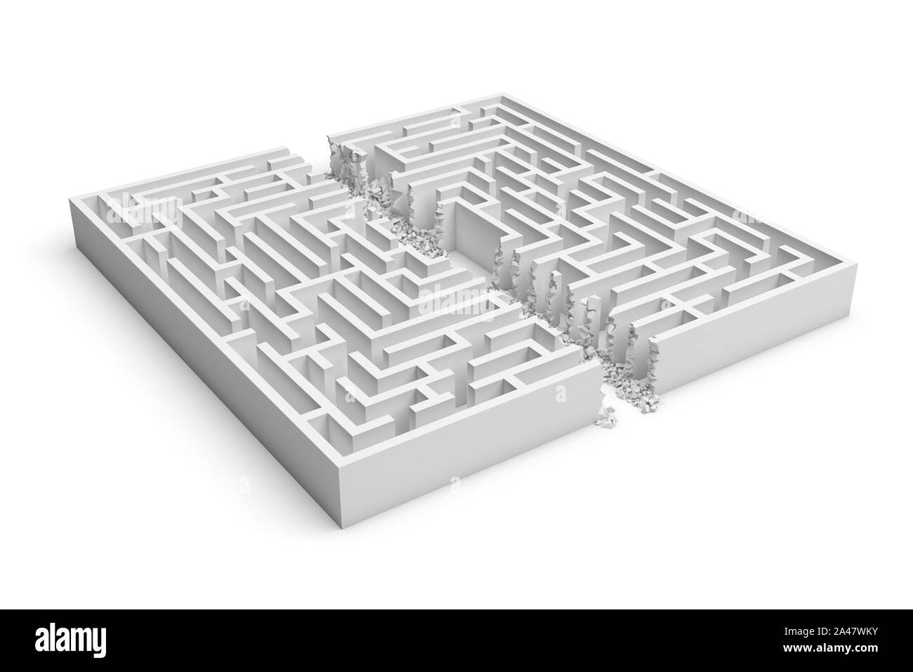 3d rendering of a white maze in front bottom view cut in straight line ...