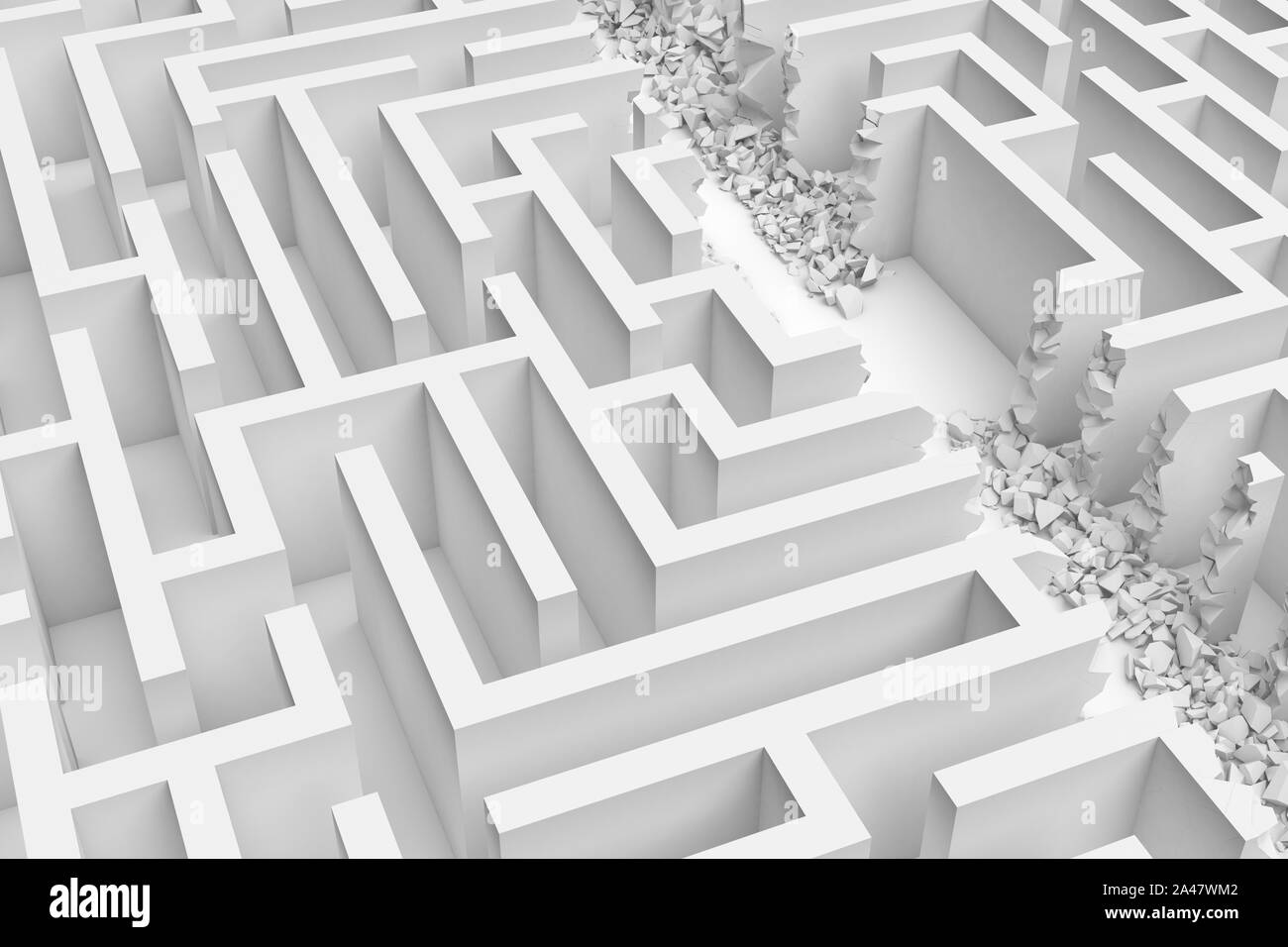 3d rendering of a white maze in front bottom view cut in straight line ...